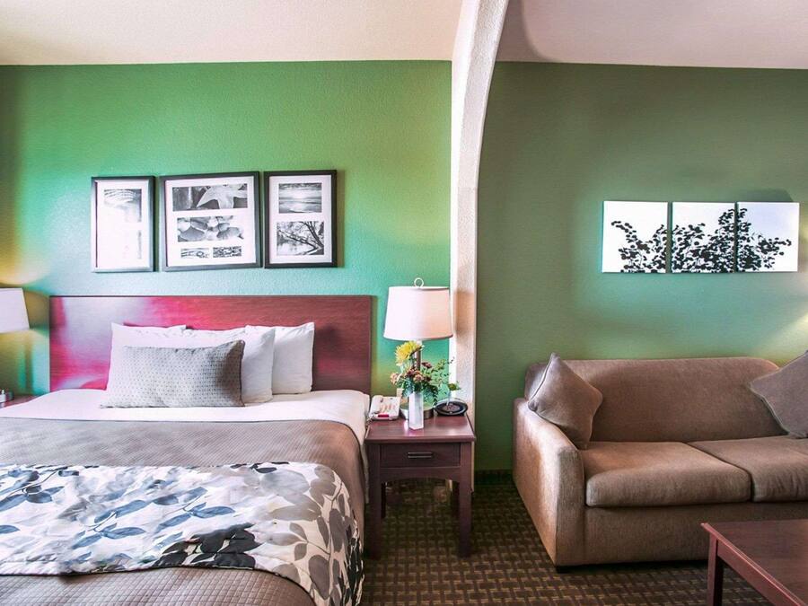 Quarto de hotel com cama, sofá, mesa de cabeceira e obras de arte na parede.