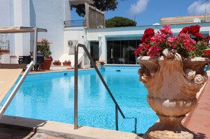 Uma piscina com um cachepot de pedra com flores, uma escada de metal e um edifício com varanda ao fundo.