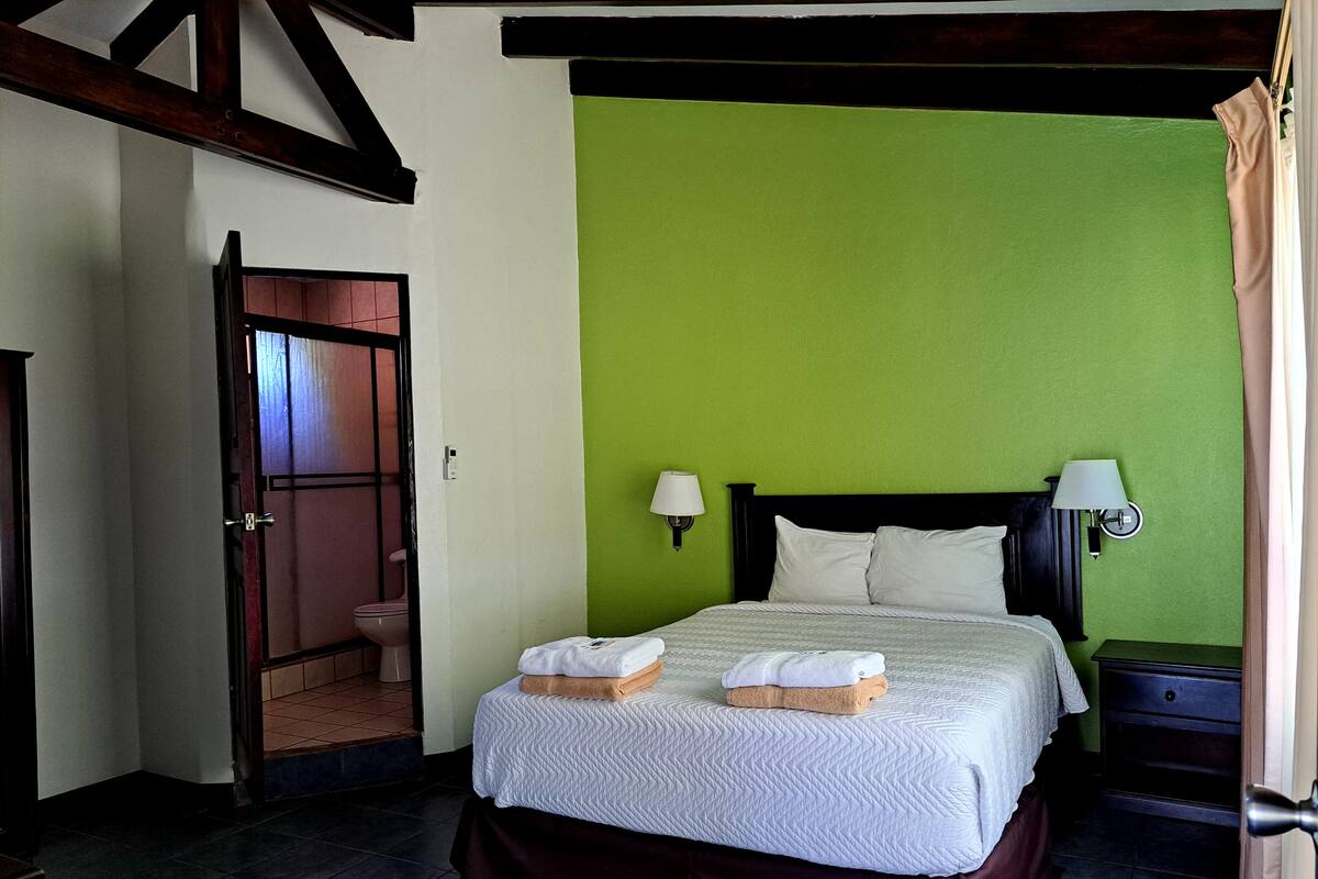 Quarto de hotel com uma cama, duas luminárias de cabeceira, uma mesinha de cabeceira, uma porta de madeira e uma parede verde.