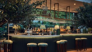 Uma área de bar com balcão curvo, vários banquinhos e uma variedade de garrafas e copos.