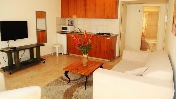 Uma sala de estar com sofá, mesa de centro com vaso, televisão em móvel, armários de madeira, micro-ondas e pequena cozinha.