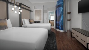 Quarto de hotel moderno com duas camas, uma televisão de tela plana, uma escrivaninha e uma janela grande com vista para um edifício.