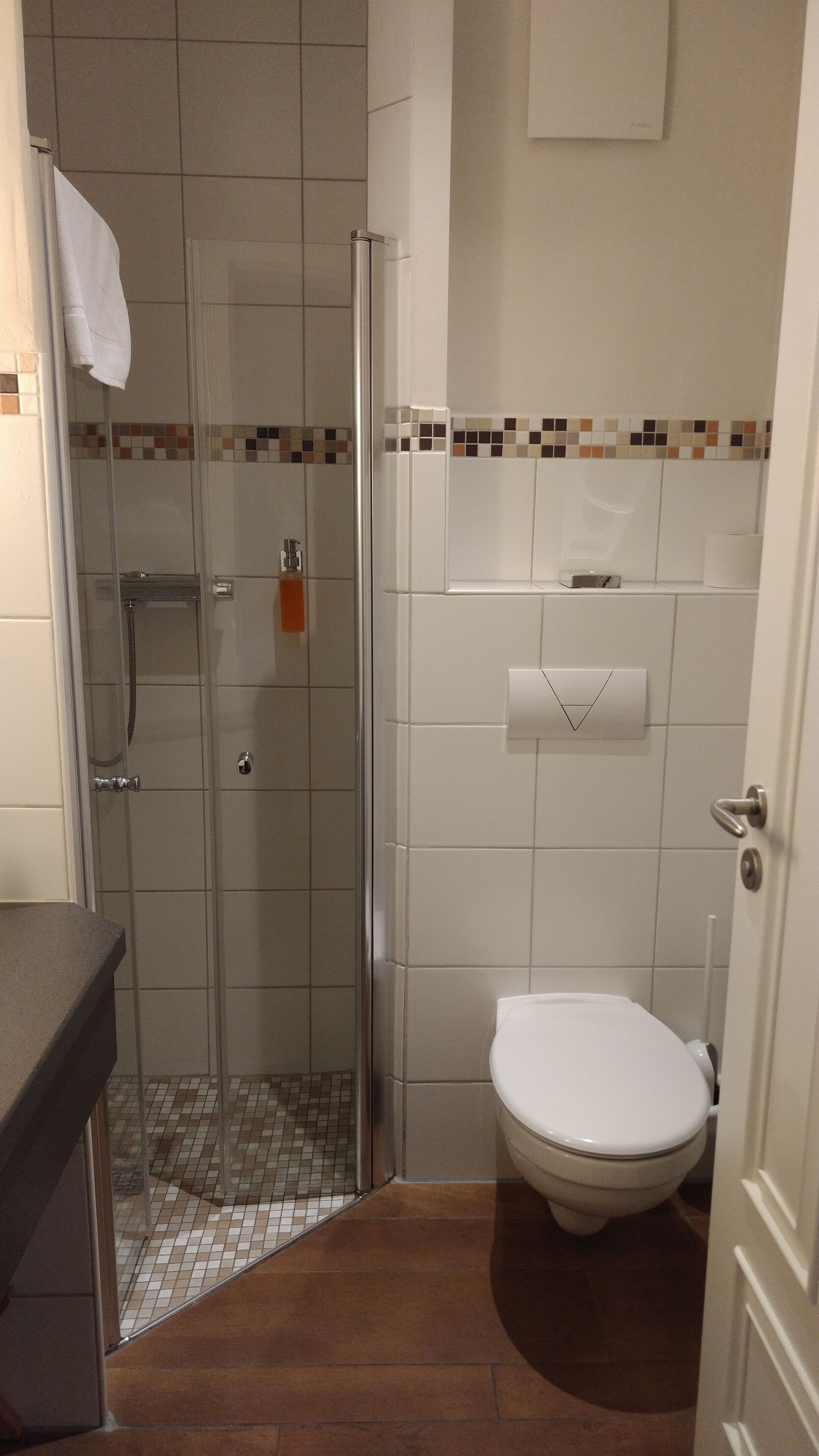 Casa de banho com sanita, cabine de duche e chão em mosaico.