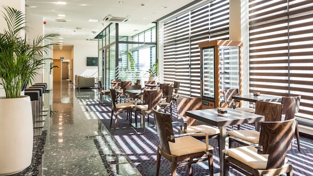 Um saguão de hotel moderno com divisória de vidro, cadeiras de madeira e uma grande planta em vaso.