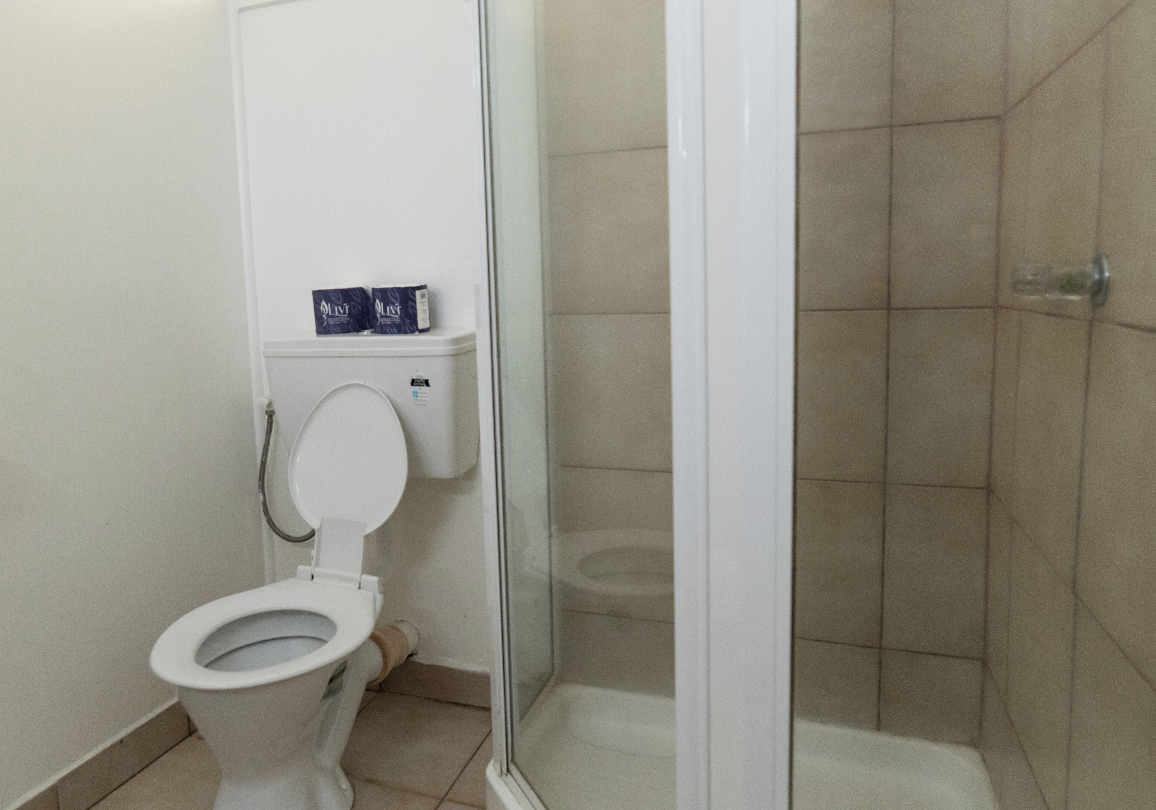 Casa de banho com sanita, cabine de duche em vidro e rolo de papel higiénico na parede.