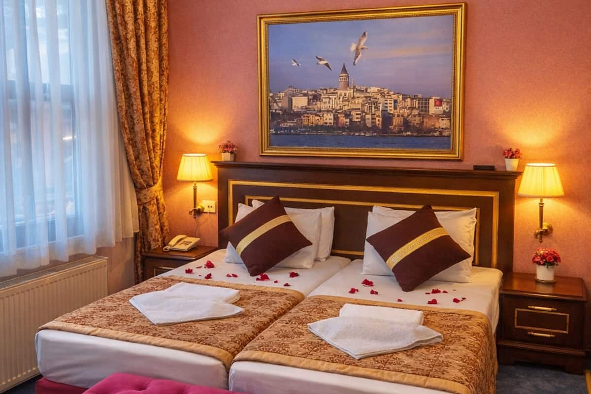 Quarto de hotel com cama de casal, um banco estofado em vermelho, um candelabro, ar condicionado, uma pintura de paisagem urbana e vista para a cidade.