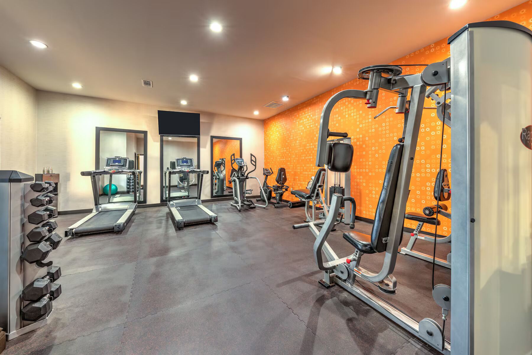 Uma academia com esteiras, aparelhos de musculação e halteres.