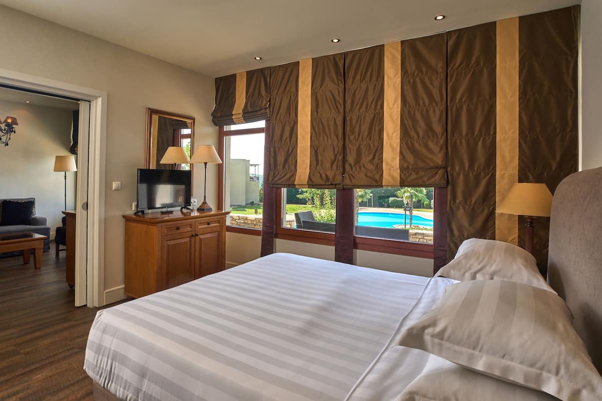 Quarto de hotel com cama, televisão, escrivaninha e vista para uma piscina.