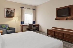 Quarto de hotel com uma cama grande, uma escrivaninha com cadeira, televisão na parede, um sofá e um abajur.