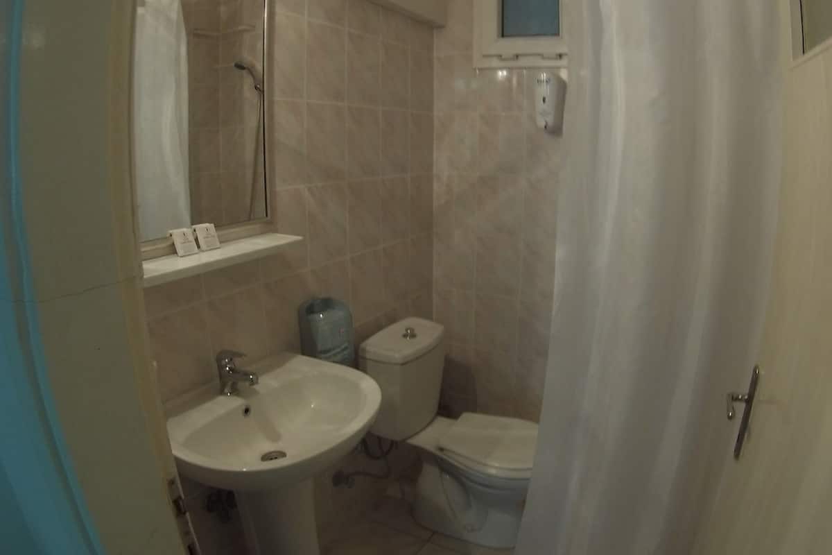 Uma casa de banho com lavatório, sanita e chuveiro.