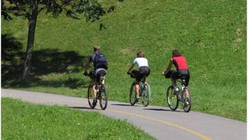 Três ciclistas em um caminho pavimentado, com grama de ambos os lados.
