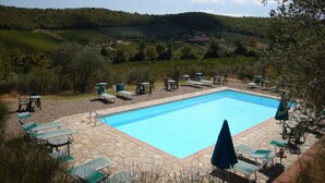Piscina retangular com borda de pedra, rodeada por espreguiçadeiras e mesas, com colinas ondulantes e vinhedos ao fundo.