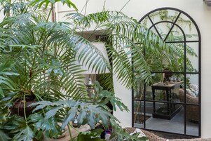 Uma estufa com plantas tropicais exuberantes, um portão de ferro forjado e um sofá de vime.