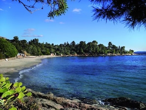Paisagem costeira com praia, águas azul-claras e vegetação densa.