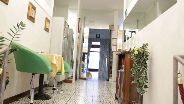 Um corredor com uma cadeira verde e amarela, uma planta em vaso e um armário de madeira com uma planta pendente.