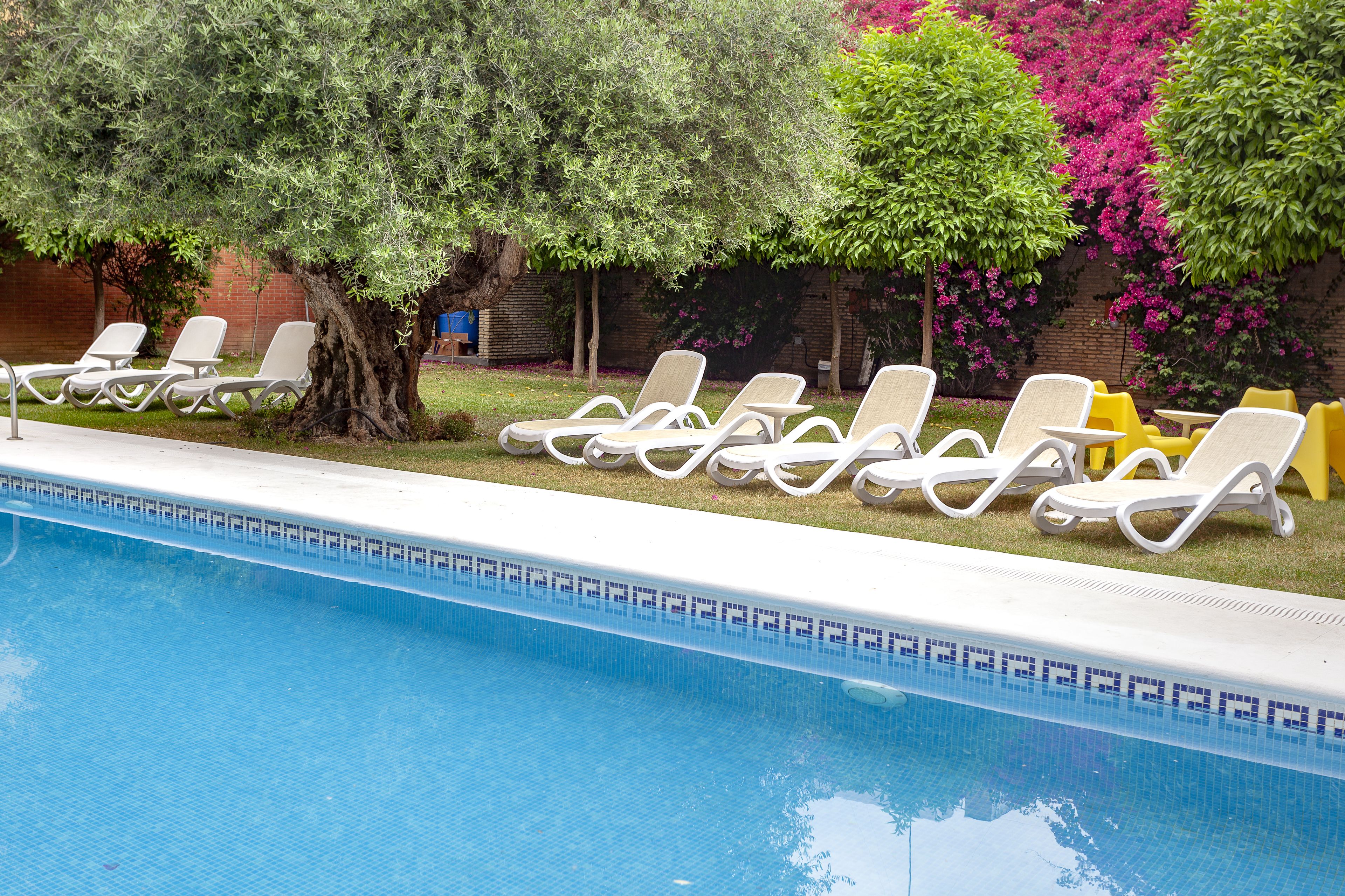 Uma piscina com espreguiçadeiras e um muro de tijolos com plantas floridas.