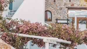 Um edifício branco com parede de pedra, um banco de madeira e plantas em vasos.