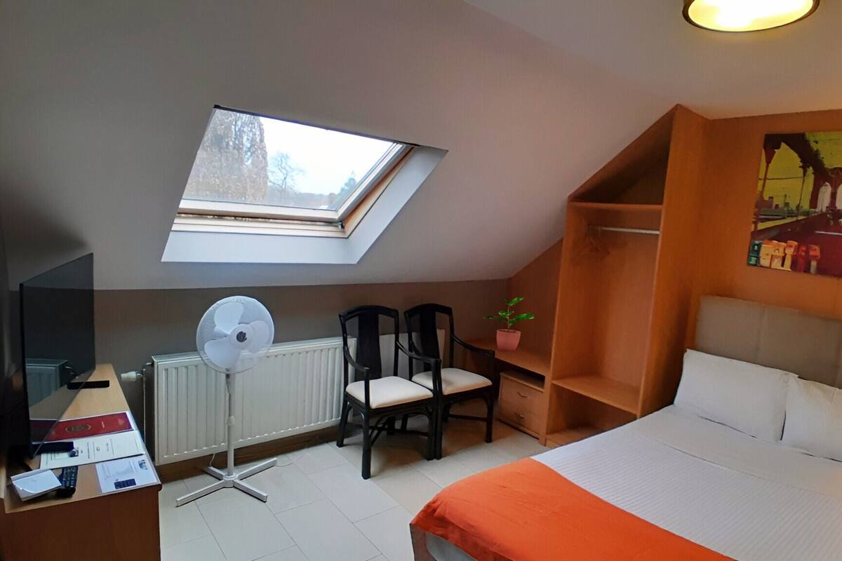 Quarto com claraboia, uma cama, escrivaninha com cadeira, radiador e uma pequena planta.