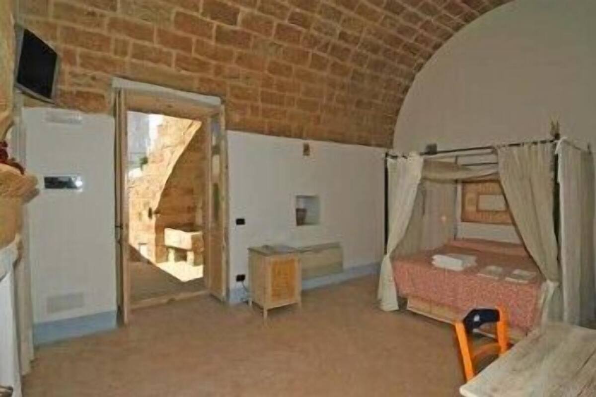 Quarto com teto de tijolos, cama com dossel, escrivaninha pequena e televisão na parede.