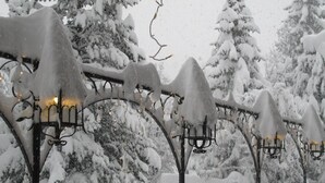 Rua coberta de neve, com luminárias decorativas e árvores carregadas de neve.
