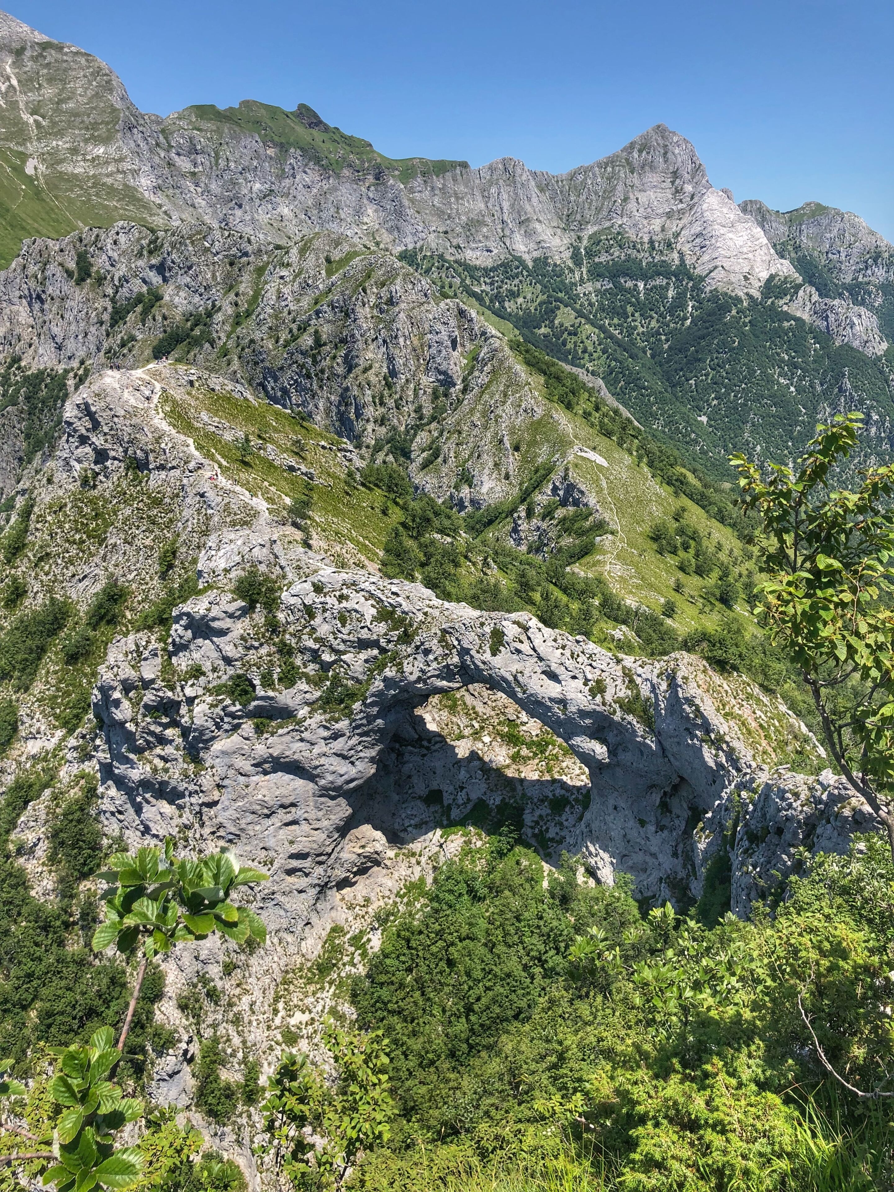 Paisagem montanhosa com terreno rochoso e vegetação verde densa.