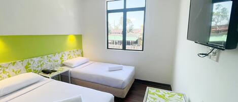 Quarto de hotel com duas camas, televisão, janela com vista e tapete de área estampado em verde.
