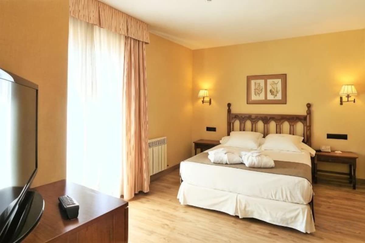 Quarto de hotel com cama, mesas de cabeceira, televisão e janela com cortinas.