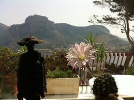 Estátua de uma pessoa com chapéu, um cacto e uma flor num jardim com vista para a montanha.
