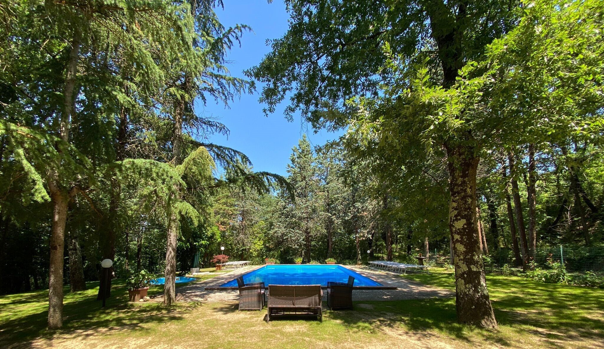 Área de piscina rodeada por árvores, com um céu azul e límpido.