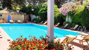 Piscina com espreguiçadeiras e área coberta, rodeada por vegetação e flores.