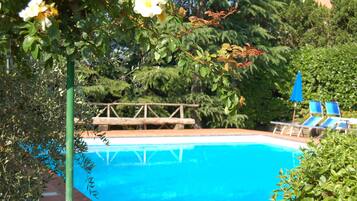 Uma piscina cercada por vegetação exuberante e um deck de madeira.