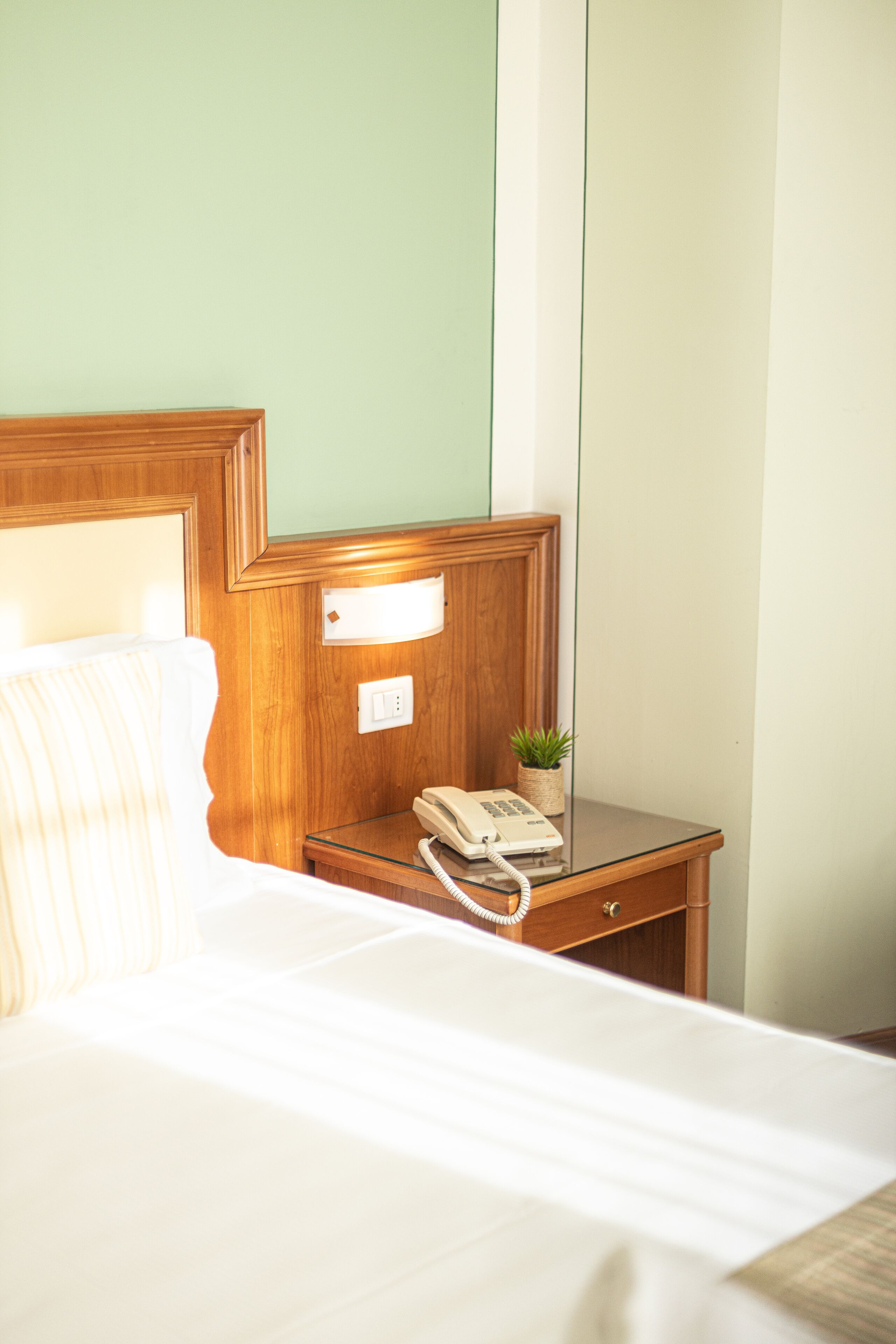 Quarto de hotel com cabeceira de madeira, mesa de cabeceira com telefone, uma pequena planta em vaso e interruptor de luz na parede.