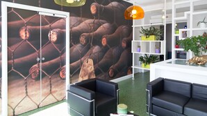 Um hall moderno com divisória de vidro, sofás de couro preto, balcão de recepção branco e diversos vasos com plantas.