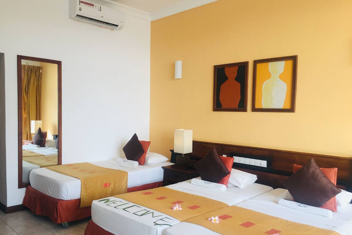Quarto de hotel com duas camas, um espelho, ar-condicionado fixado na parede e duas obras de arte emolduradas.