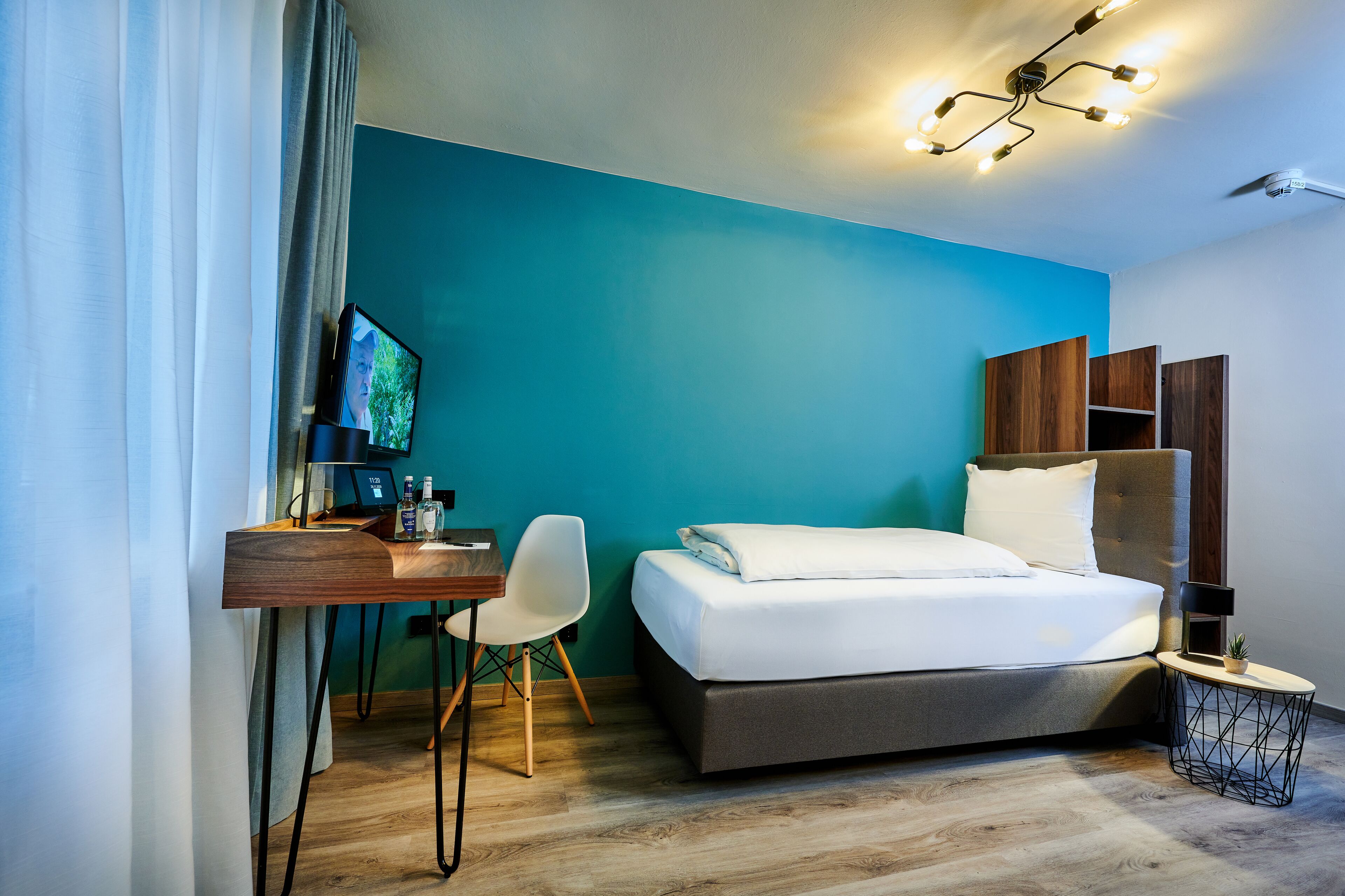 Quarto de hotel moderno com uma cama, uma escrivaninha com cadeira, uma televisão e uma pequena mesa de apoio com uma planta.