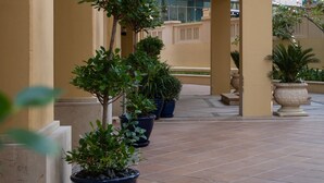 Uma passarela coberta com plantas em vasos e um edifício moderno ao fundo.