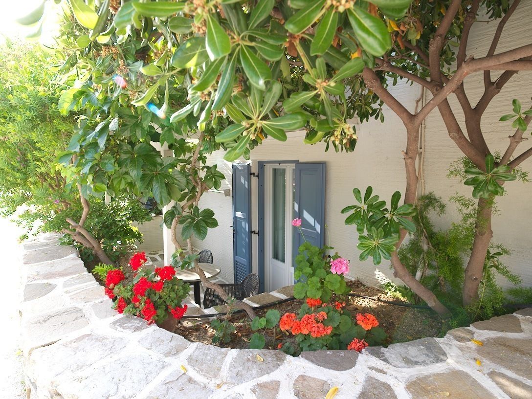 Jardim com muro de pedra, flores vermelhas e porta para um edifício.