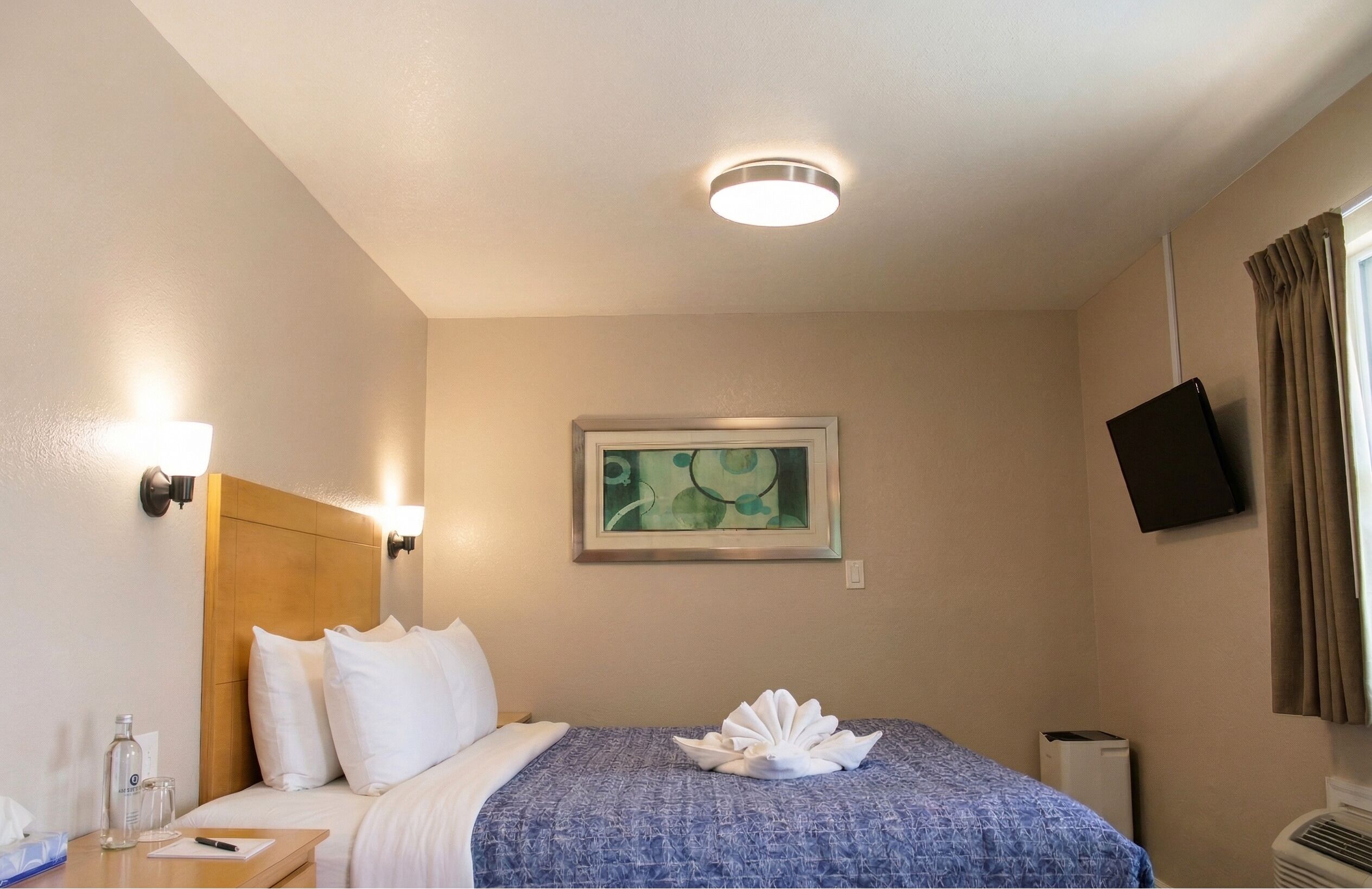 Quarto de hotel com cama, mesa de cabeceira, televisão na parede, obra de arte e luminária no teto.