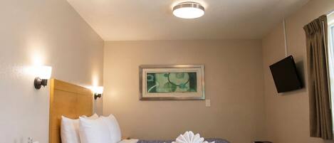 Quarto de hotel com cama, mesa de cabeceira, televisão na parede, obra de arte e luminária no teto.