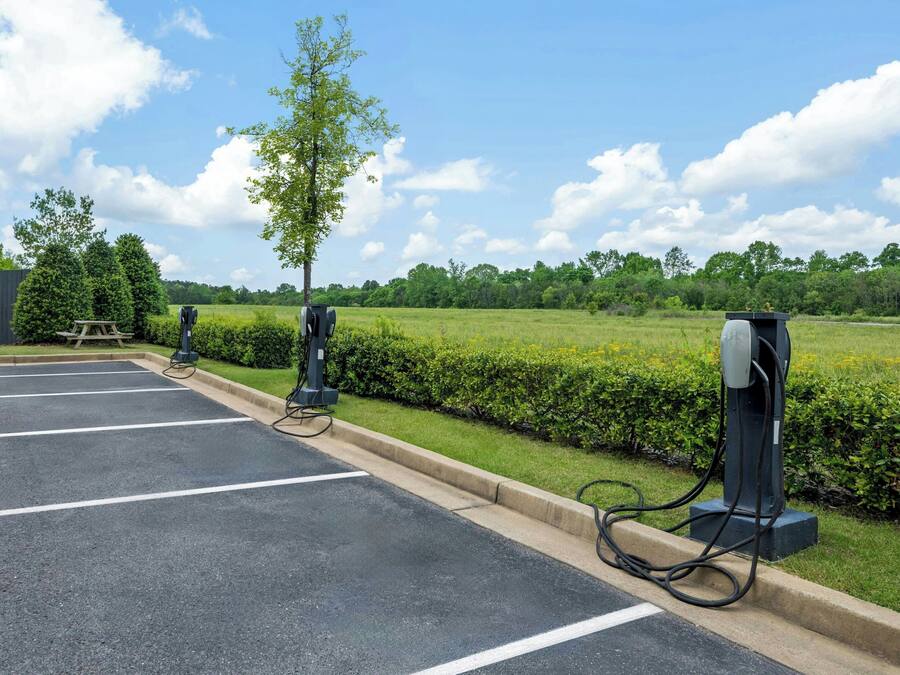 Um estacionamento com estações de carregamento para veículos elétricos, uma mesa de piquenique e uma árvore.