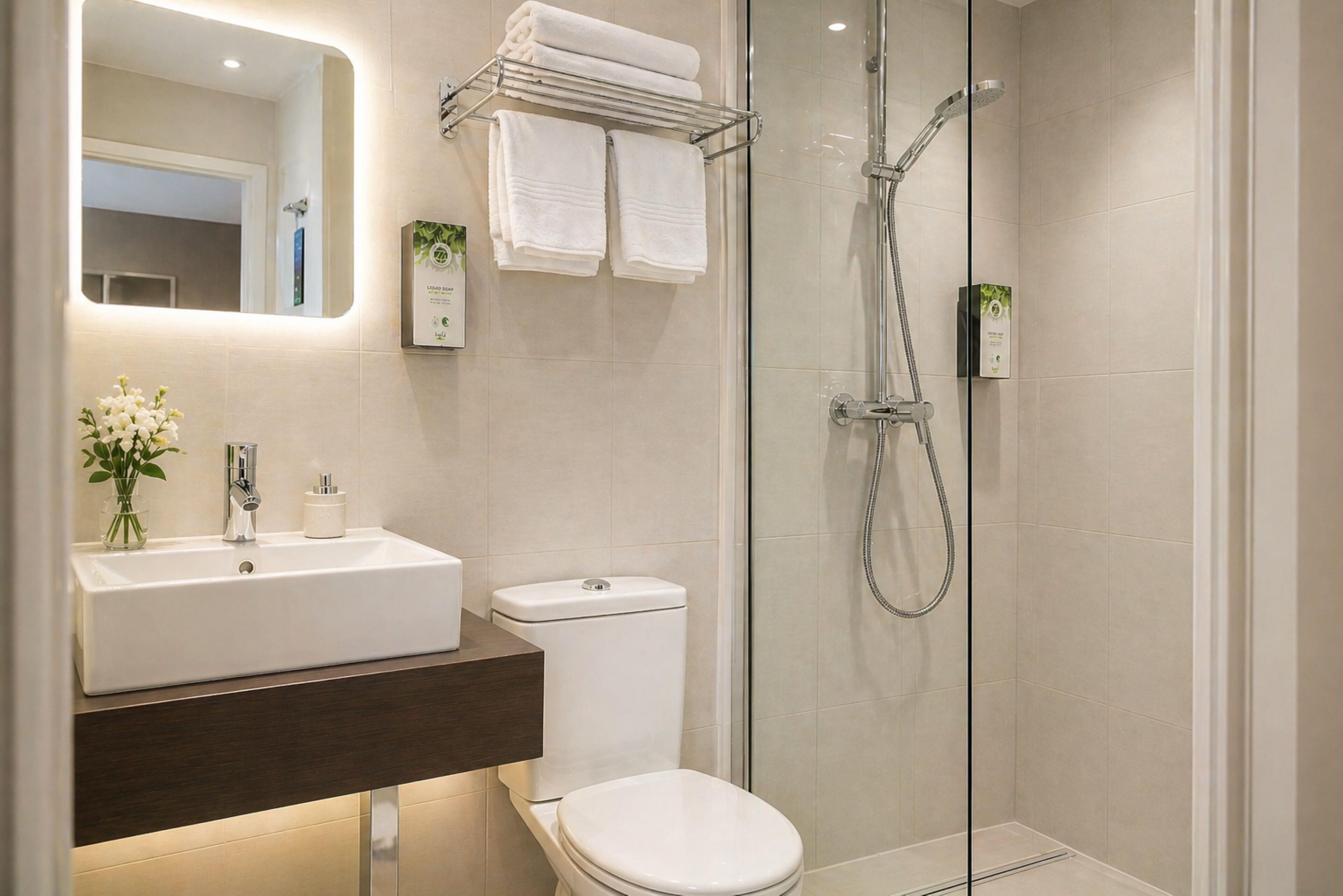 Uma casa de banho moderna com cabine de duche em vidro, lavatório branco e sanita.