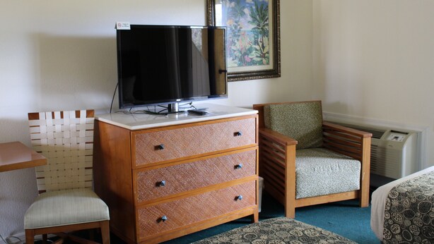 Quarto de hotel com televisão em cómoda de madeira, uma cadeira com almofada estampada e cama com colcha estampada.
