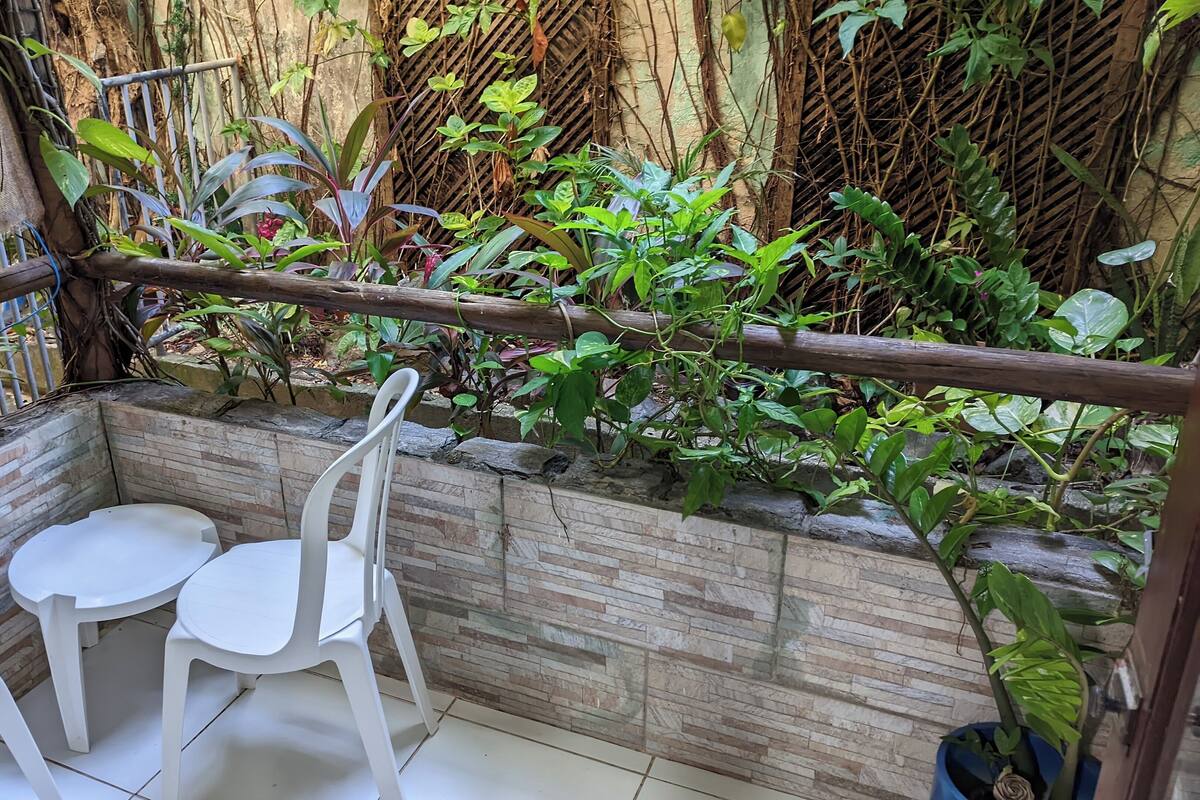 Um espaço ao ar livre com dois cadeiras de plástico branco e uma mesa, cercado por diversas plantas verdes e um cercado de bambu.