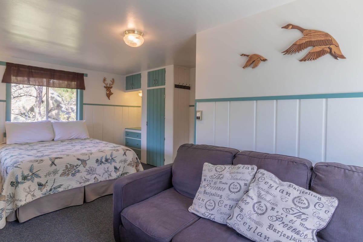 Quarto com cama, sofá e parede decorada com motivos de animais.