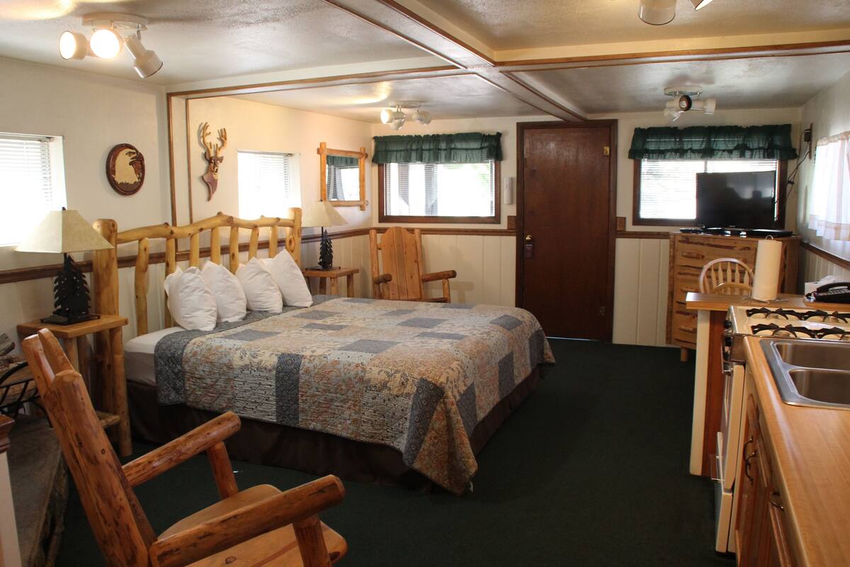 Um quarto aconchegante com uma cama, cadeiras de madeira, uma escrivaninha e uma cozinha compacta.
