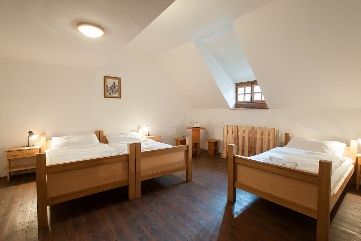 Quarto com duas camas de madeira, um claraboia e uma pequena janela.