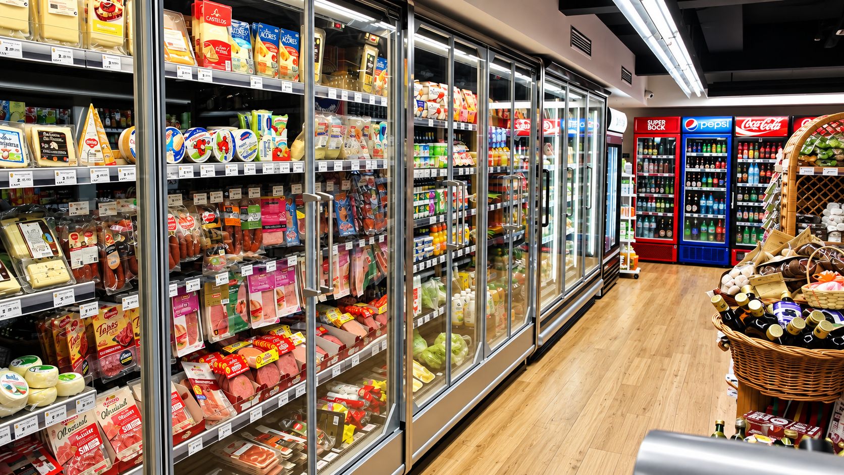 Corredor de supermercado com seções refrigeradas e máquinas de bebidas.