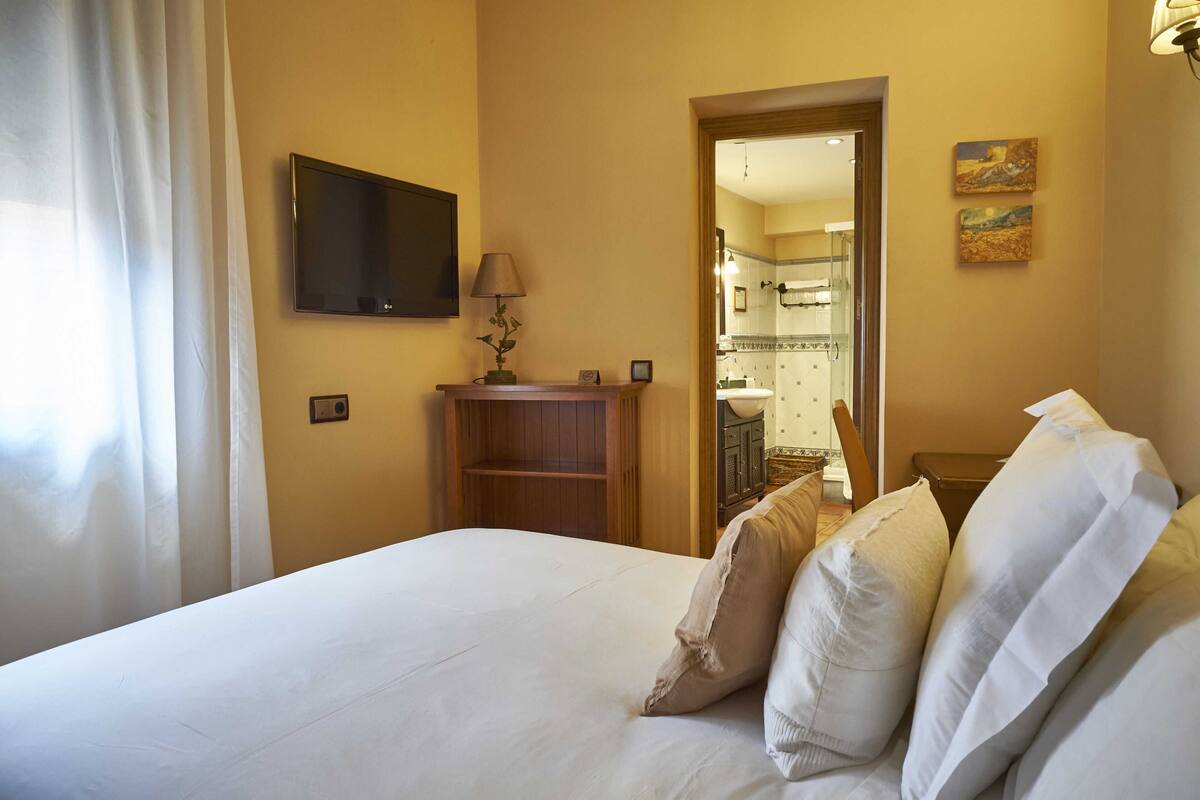 Quarto de hotel com uma cama, televisão, luminária e um quadro na parede.