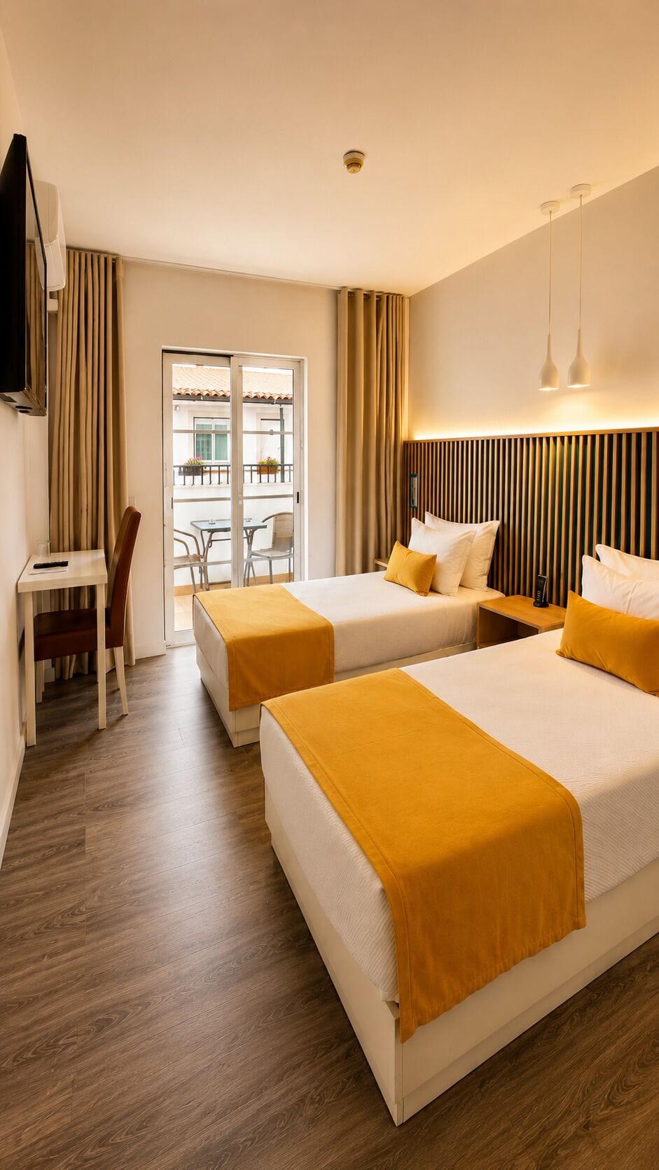 Quarto de hotel com duas camas, uma escrivaninha e vista para a área externa.