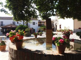 Um pátio com uma fonte, plantas em vasos e edifícios tradicionais.
